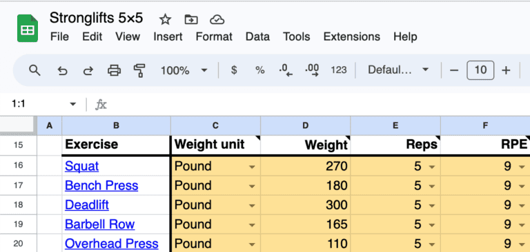 Stronglifts 5×5 Workout Spreadsheet (2025) | Stronglifts